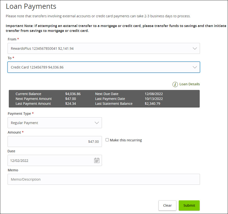 Internal Transfers in Online Banking